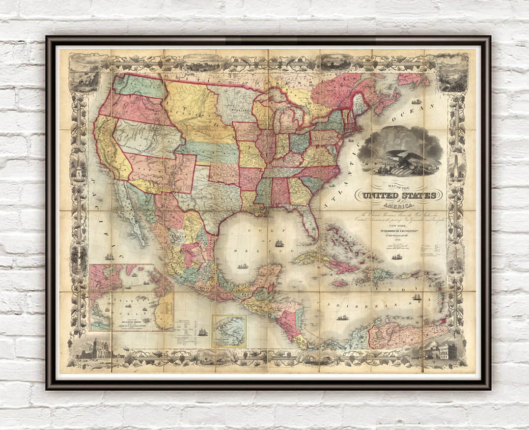 Vintage Map Of United States America 1857 on Luulla